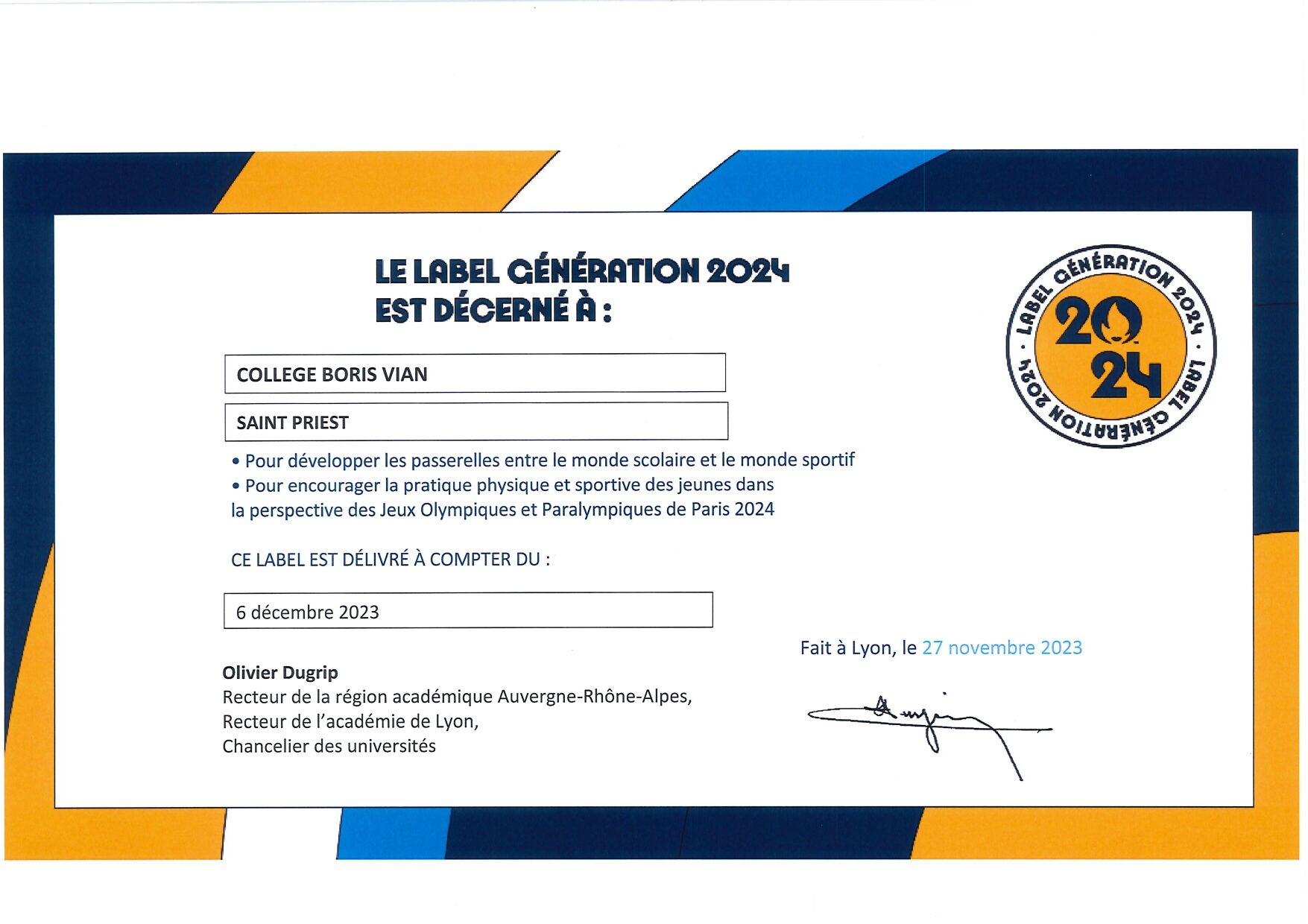 Le collège reçoit le label « Génération 2024 » – COLLEGE BORIS VIAN ...